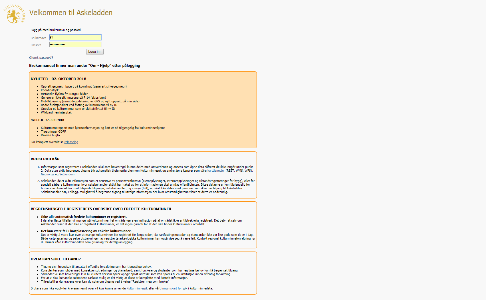 Innlogging :: Riksantikvaren